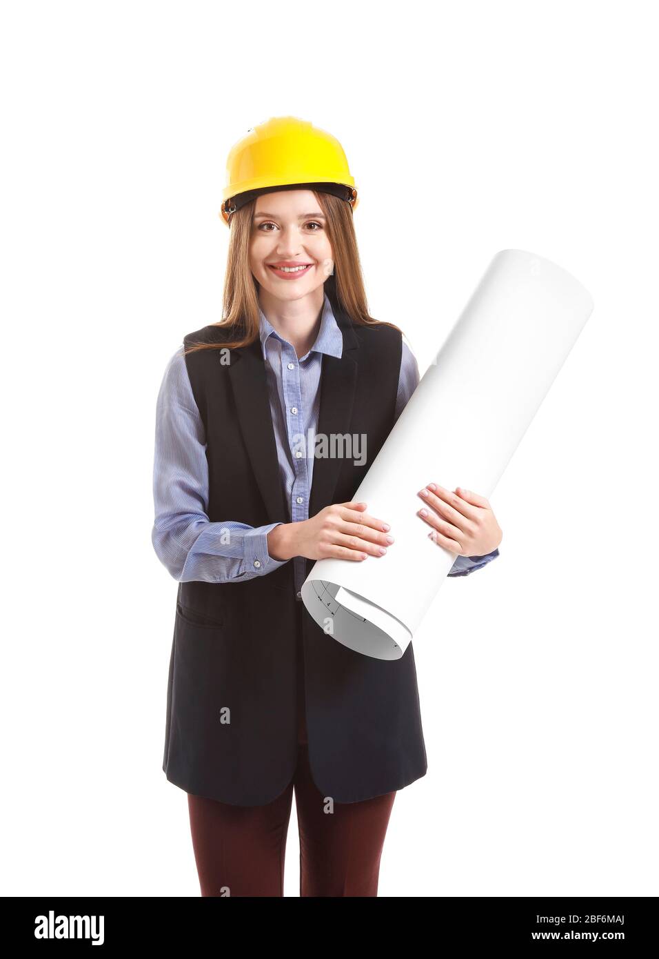 Female engineer with drawing on white background Stock Photo - Alamy