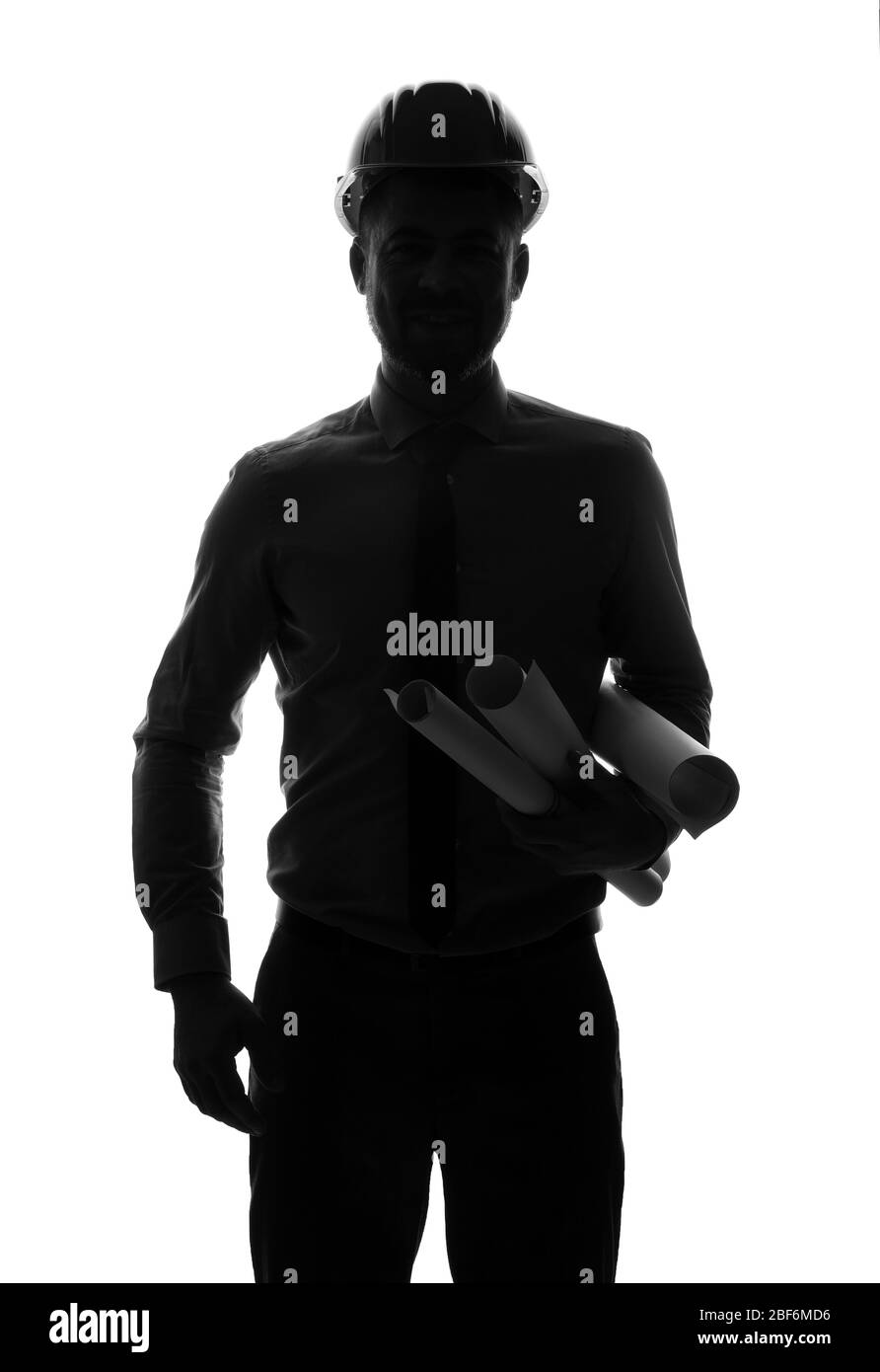 Silhouette of male engineer with drawings on white background Stock ...