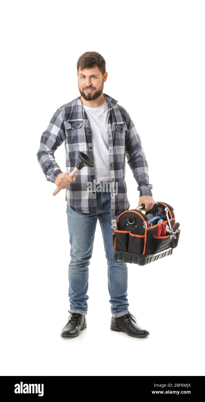 Handsome plumber on white background Stock Photo - Alamy