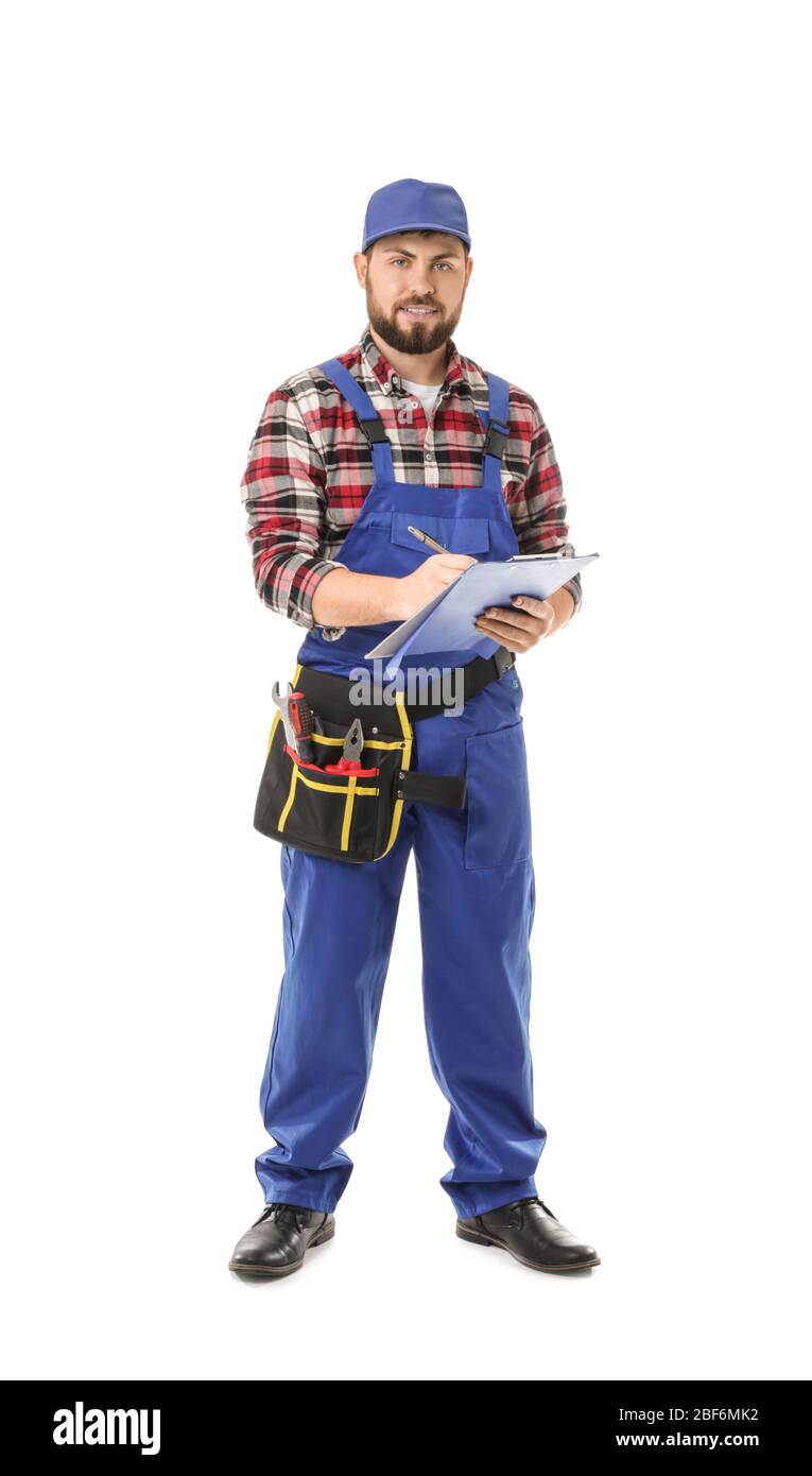 Handsome plumber on white background Stock Photo - Alamy