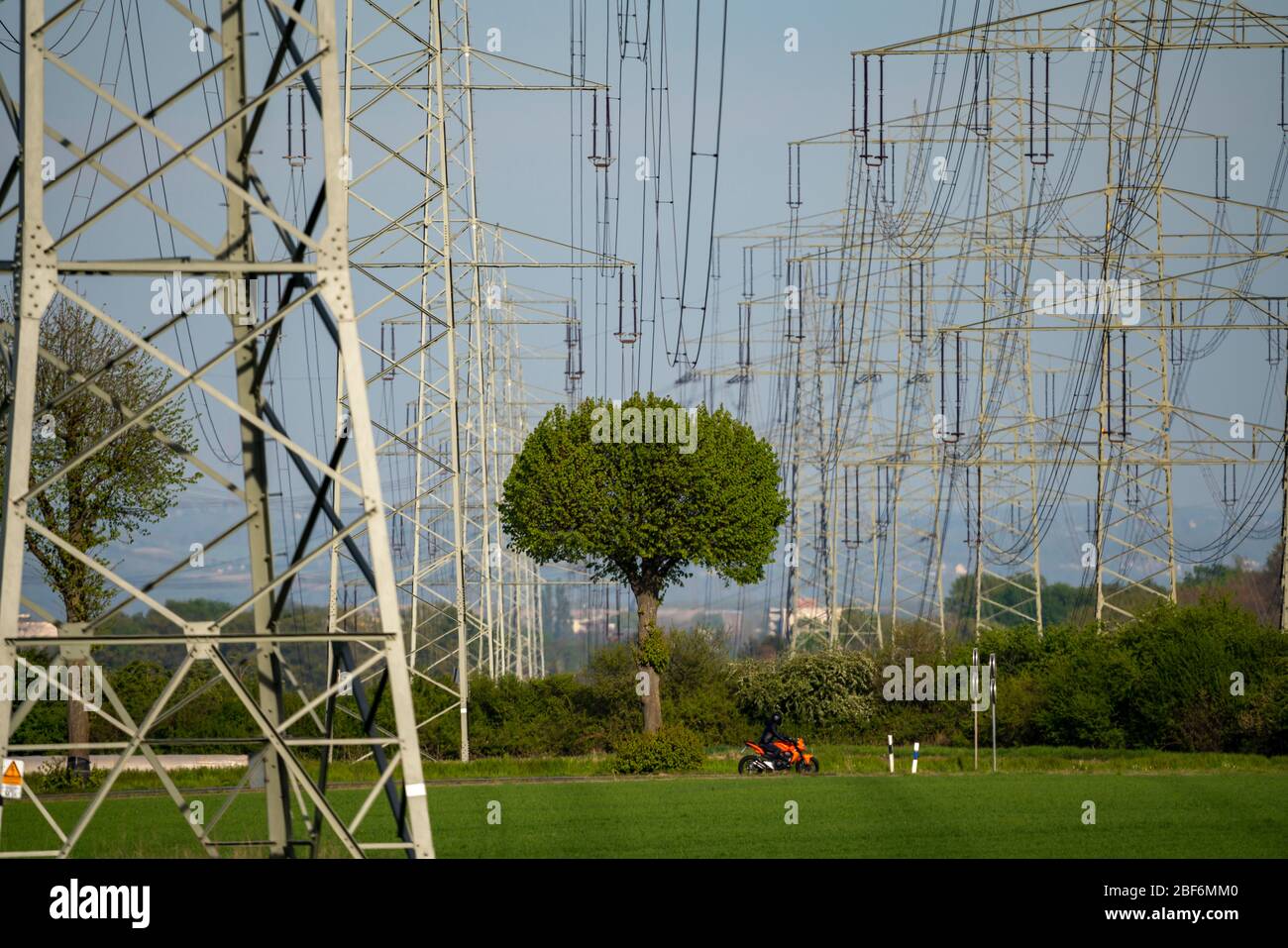 Extra-high-voltage lines, 380 KV, at the Gohrpunkt substation, the ...