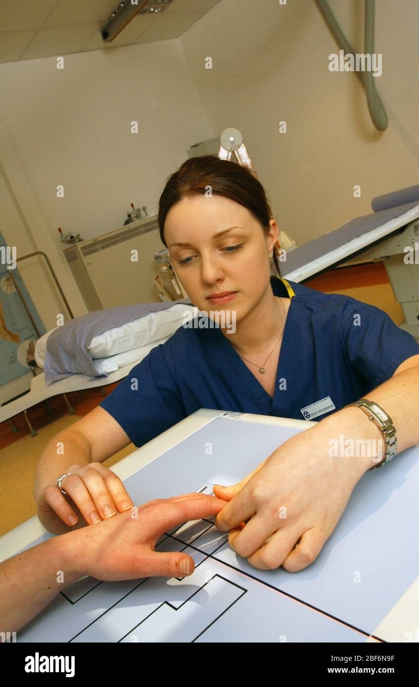 Radiographer positioning her patients hand into the right position ...