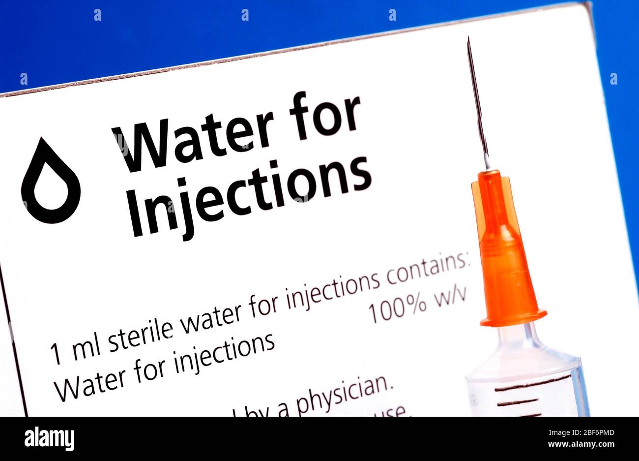 Syringe in front of packaging containing water for injections Stock ...