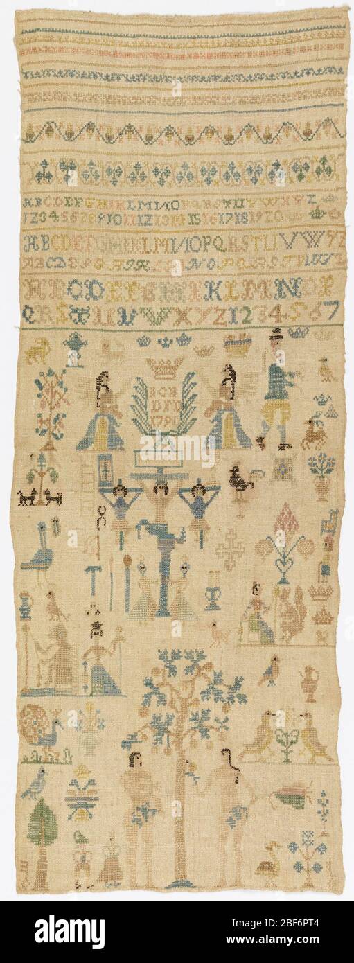 Sampler. Bands of pattern at top, then alphabets, three motifs ...