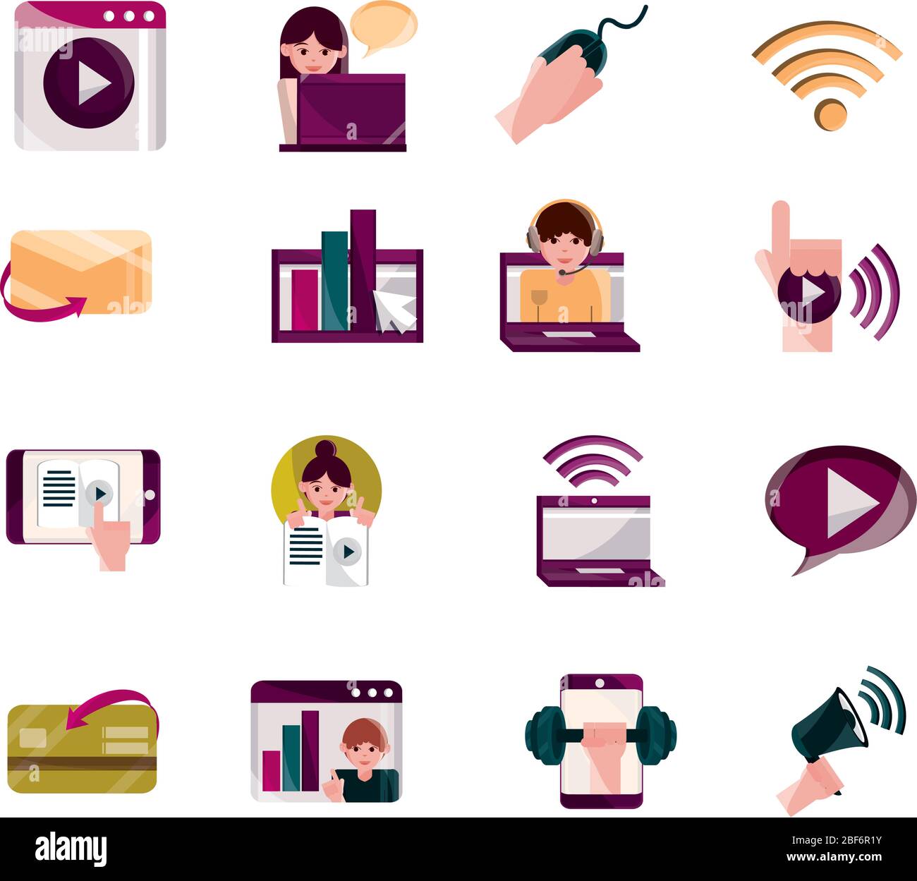 online activities, digital connection communication set icons vector ...