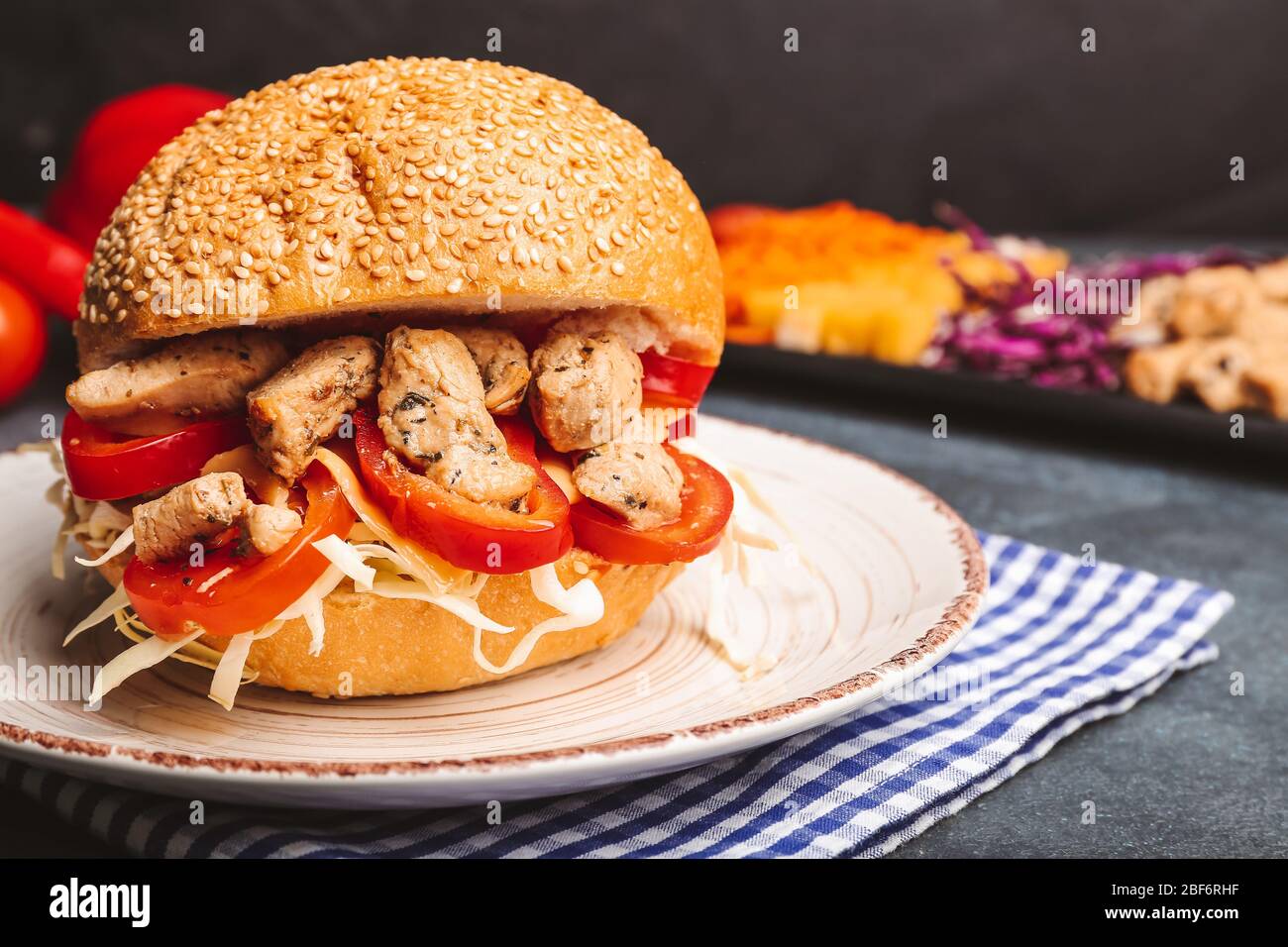 Tasty doner kebab in bun on dark background Stock Photo - Alamy