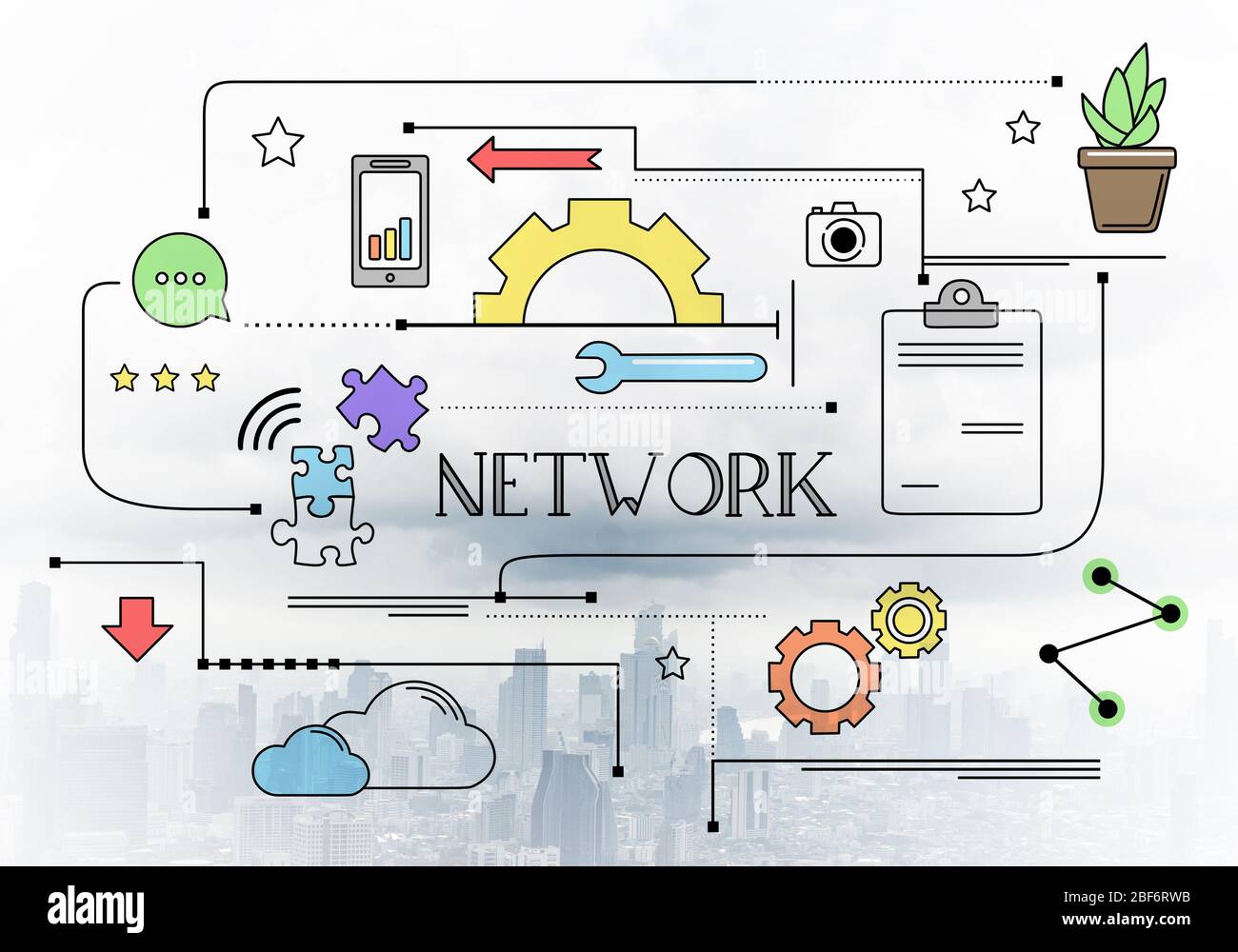Network connection linear sketch with media signs Stock Photo - Alamy