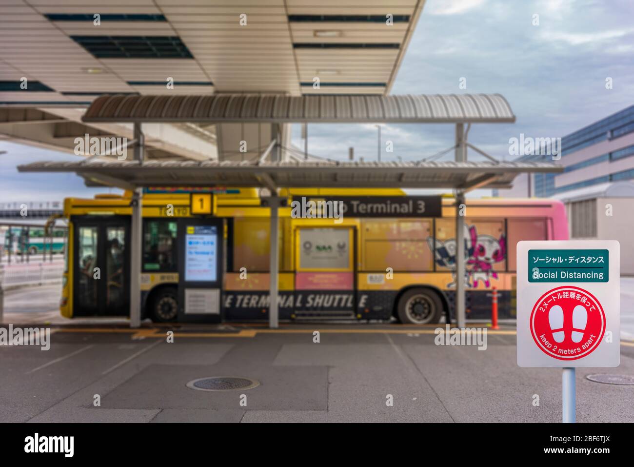 tokyo, japan - april 16 2020: Social distancing sign at the bus stop in ...