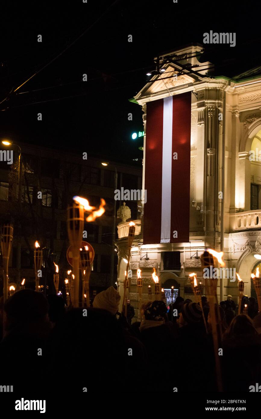 Torchlight procession in Riga, Latvia during independence celebrations ...