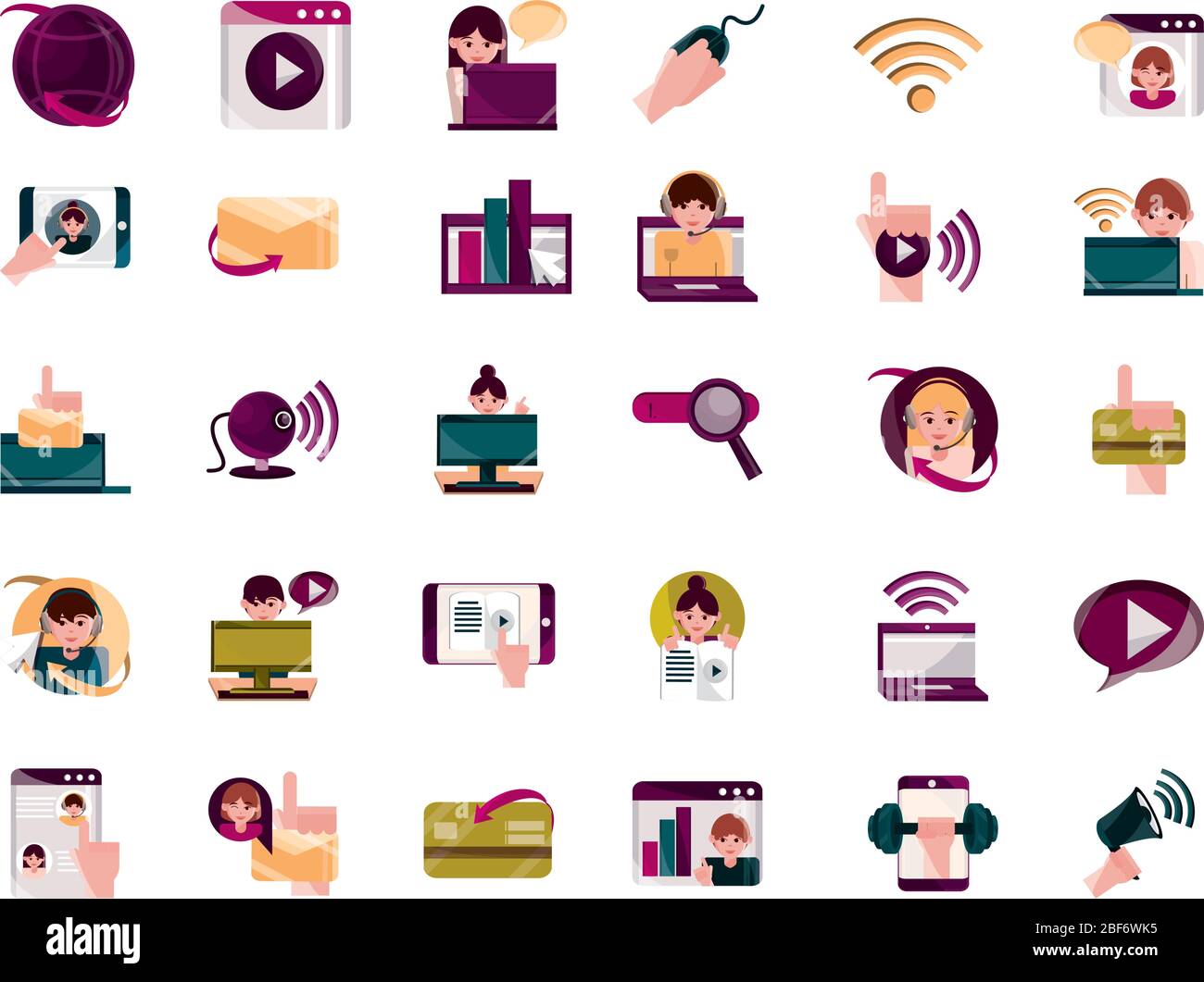 online activities, digital connection communication set icons vector ...