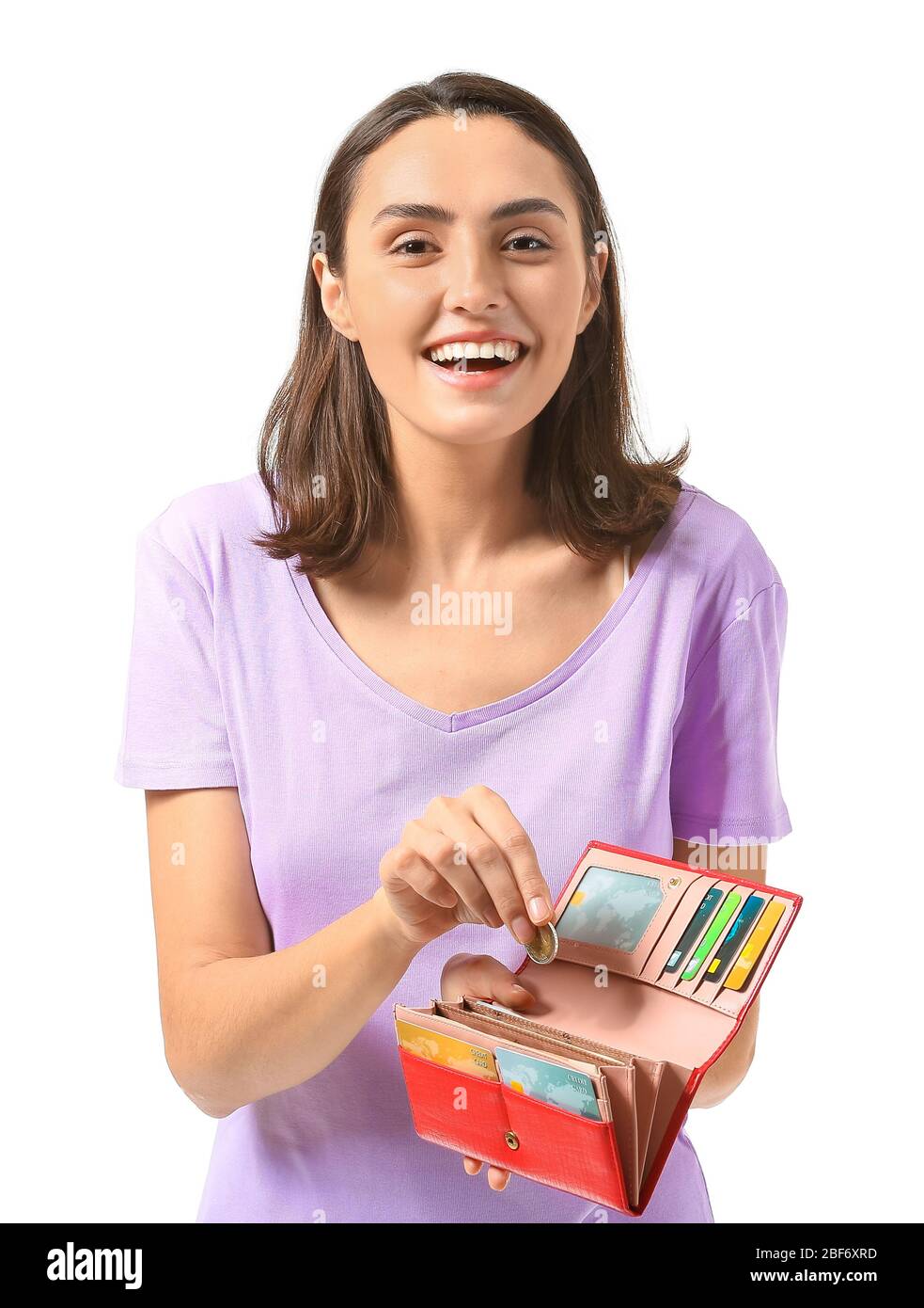 Young woman with wallet on white background Stock Photo - Alamy