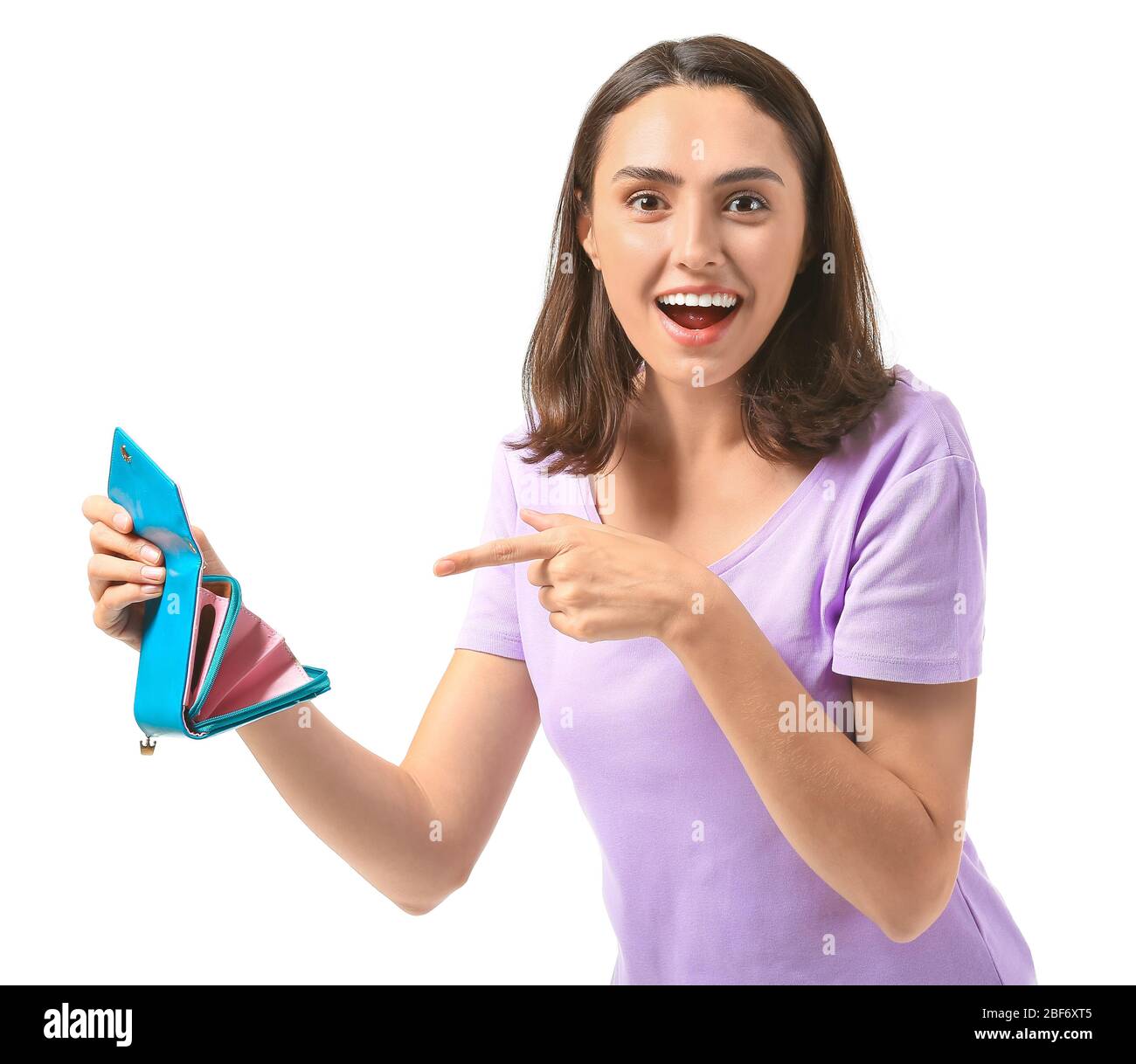 Young woman with wallet on white background Stock Photo - Alamy