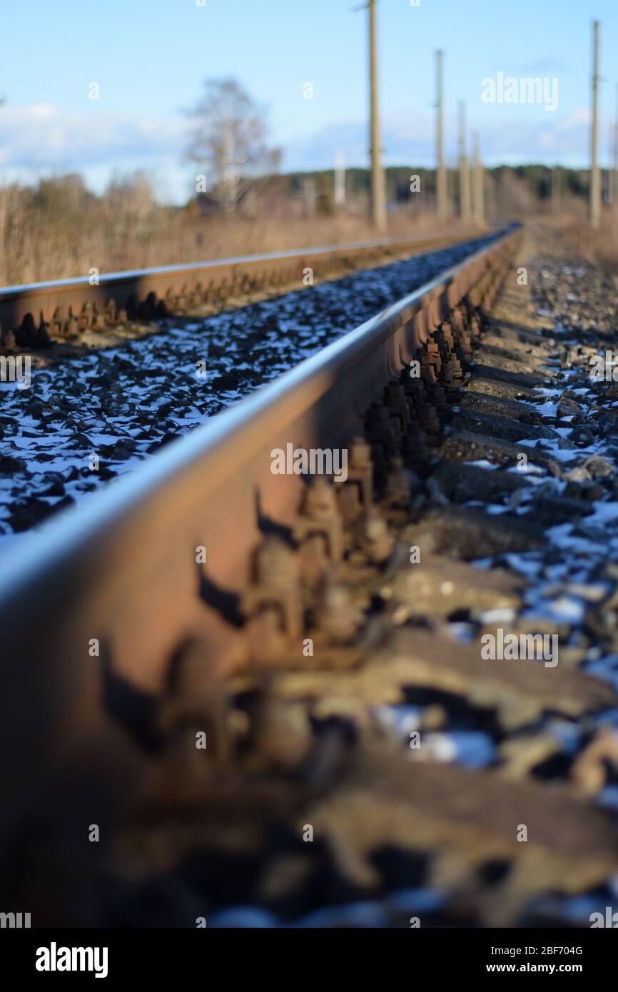 Train tracks up close during winter Stock Photo - Alamy