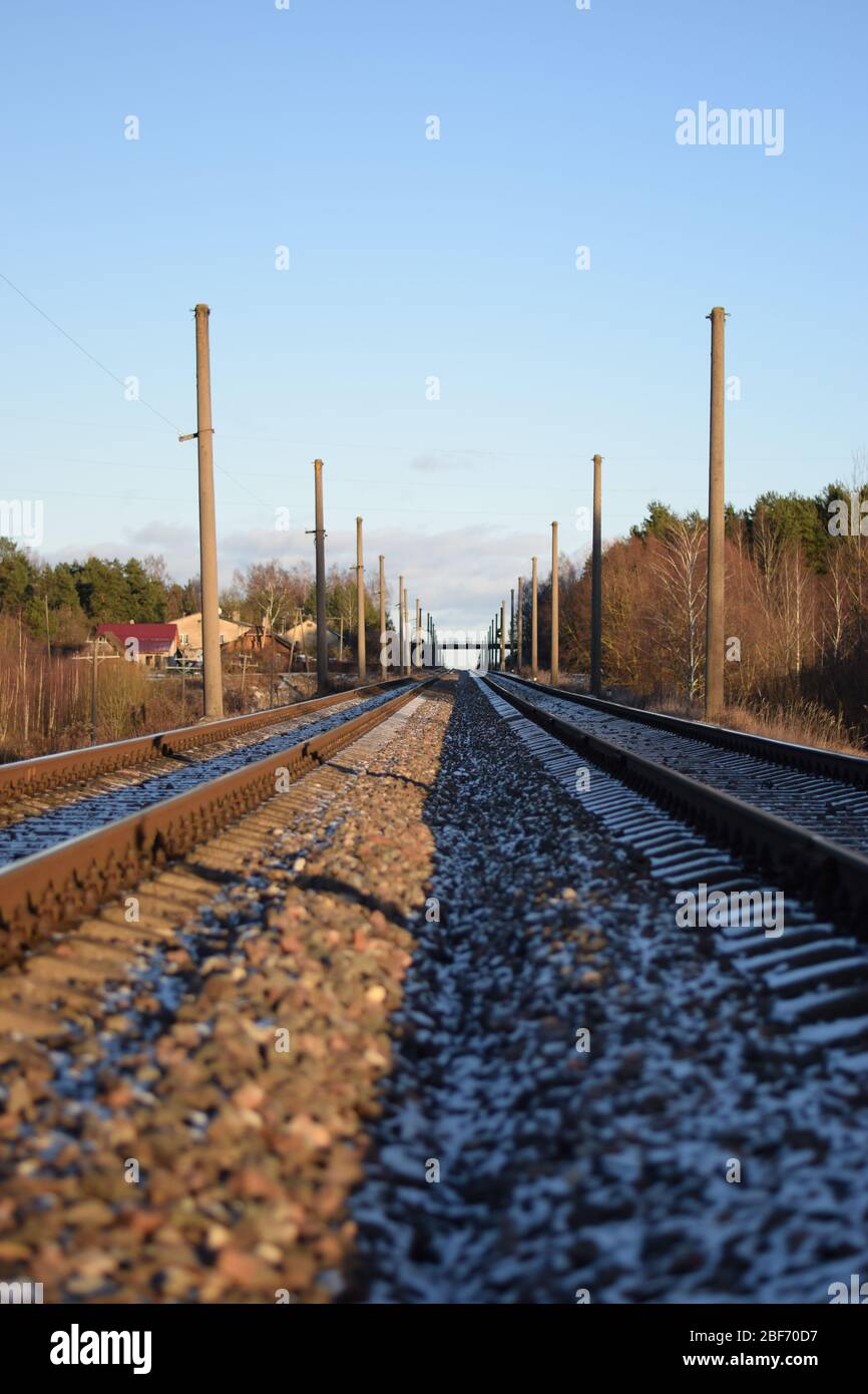Train tracks up close during winter Stock Photo - Alamy