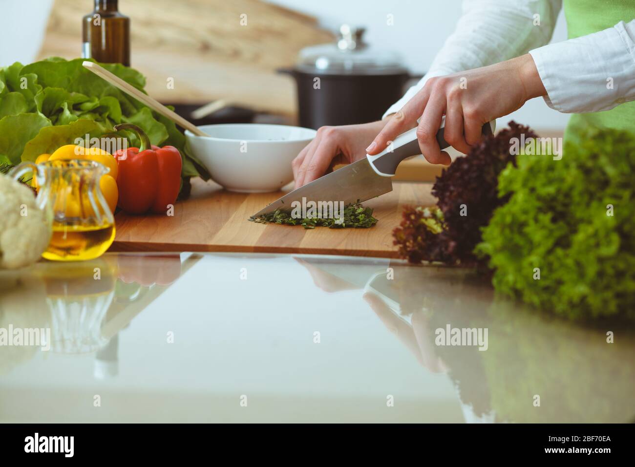 Unknown human hands cooking in kitchen. Woman is busy with vegetable ...