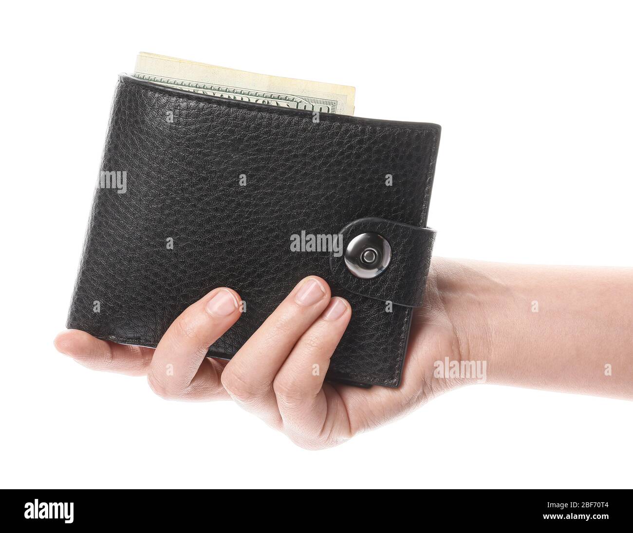 Female hand with wallet and money on white background Stock Photo - Alamy