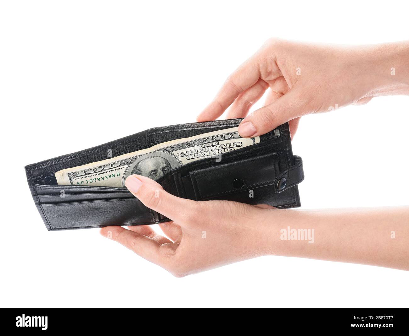 Female hands with wallet and money on white background Stock Photo - Alamy