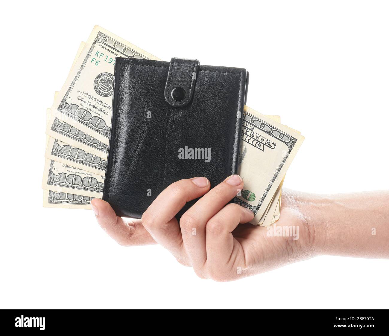 Female hand with wallet and money on white background Stock Photo - Alamy