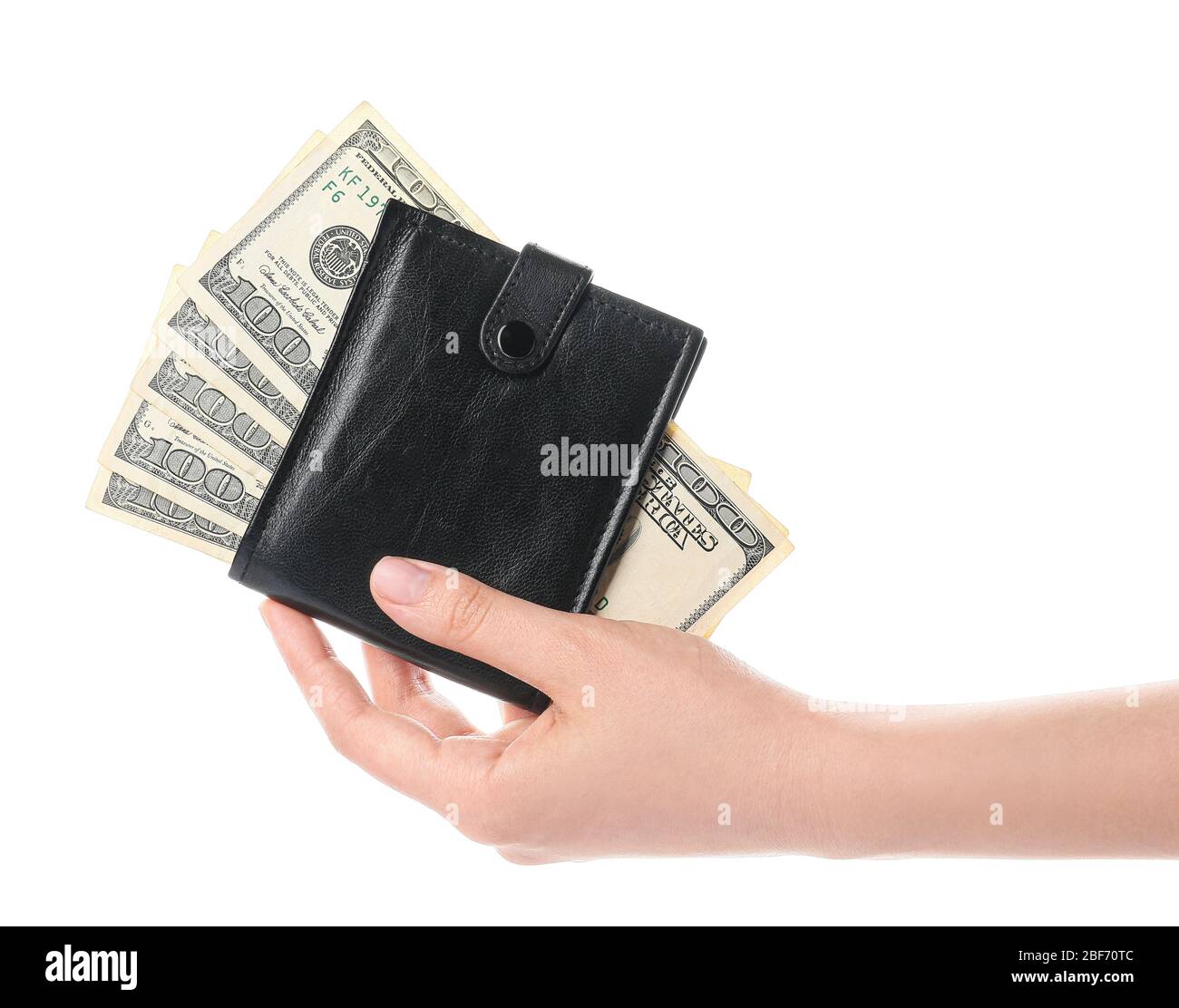 Female hand with wallet and money on white background Stock Photo - Alamy