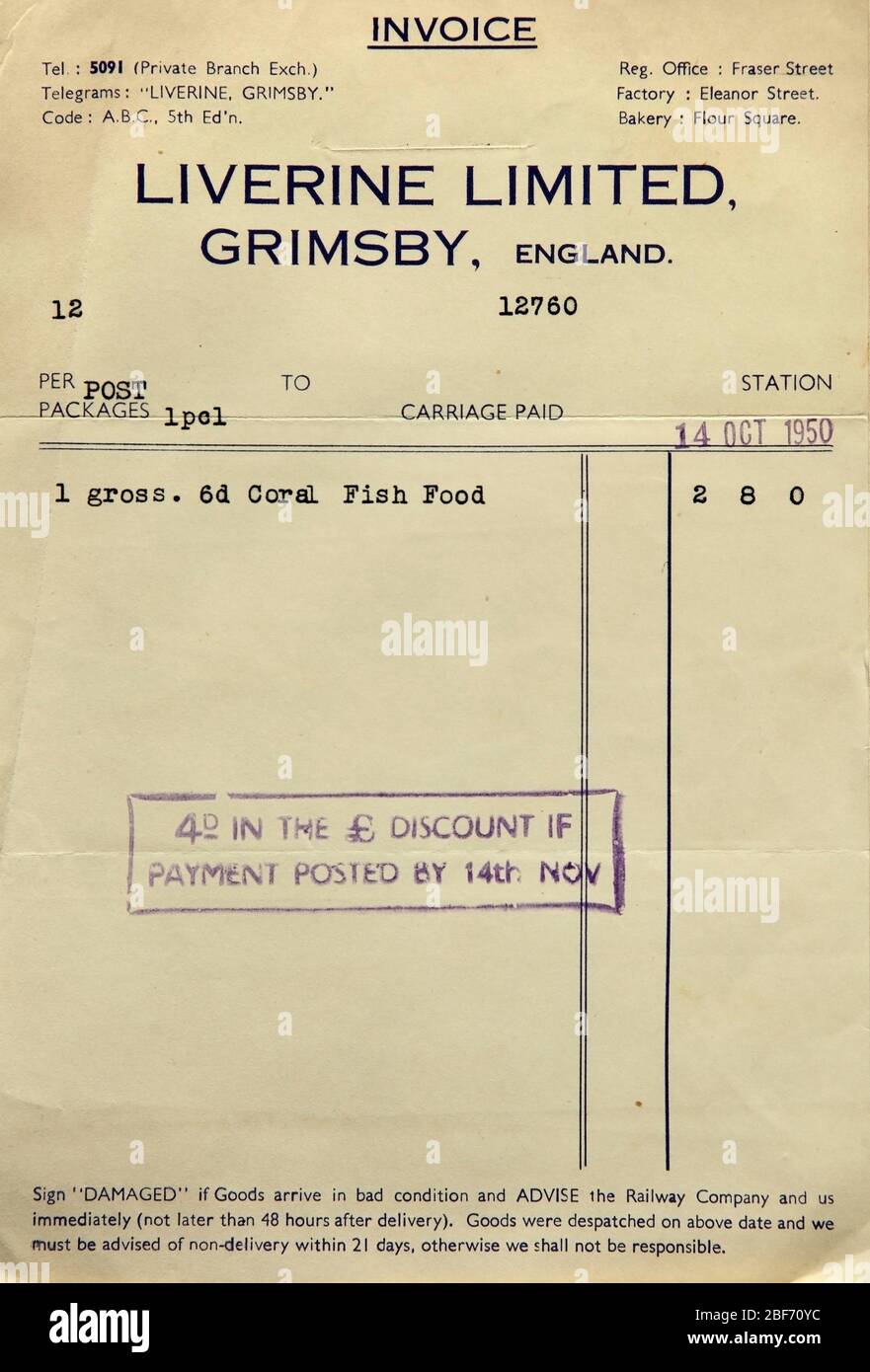 Old invoice from Liverine Ltd of Grimsby, dated 14 October 1950 Stock ...