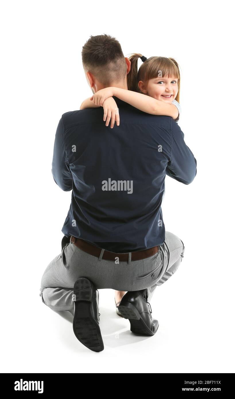 Happy hugging father and his little daughter on white background Stock ...