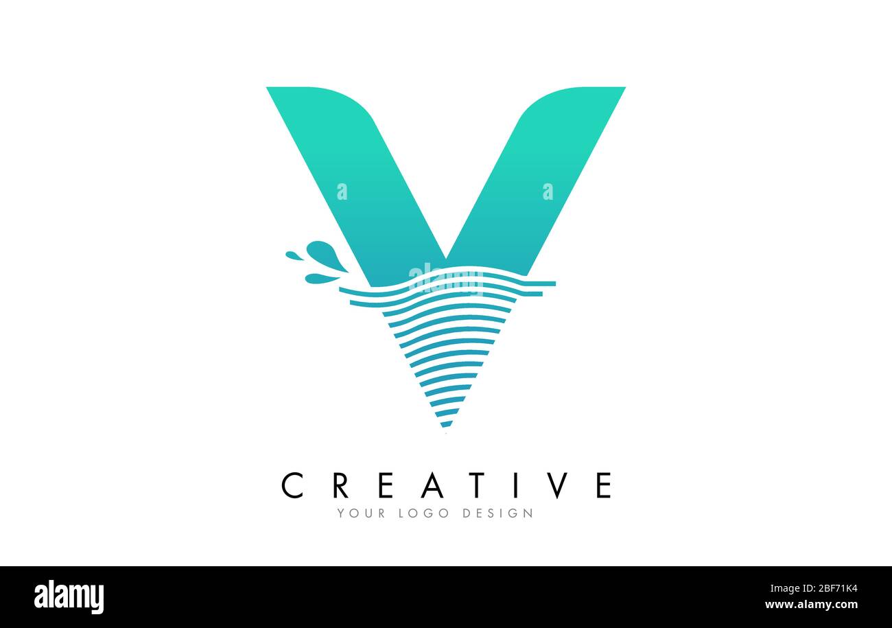 V Letter Logo with Waves and Water Drops Design Vector Illustration ...