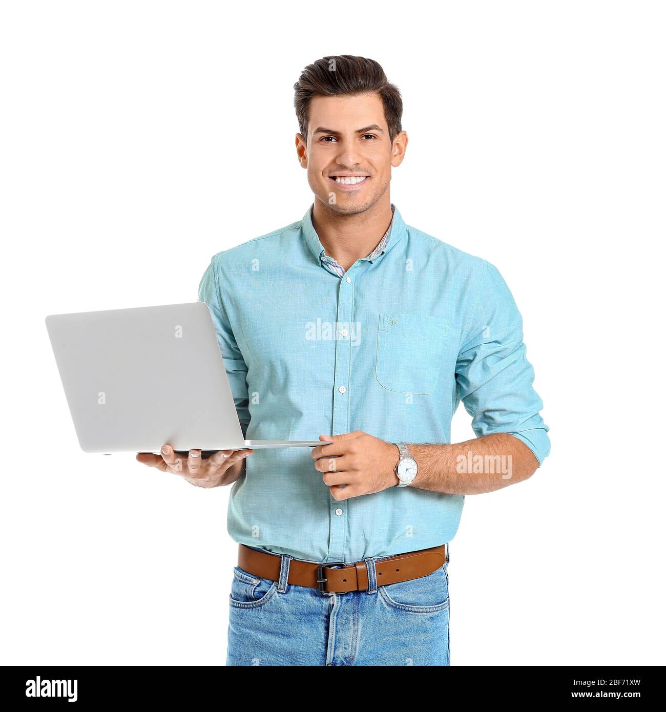 Handsome man with laptop on white background Stock Photo - Alamy