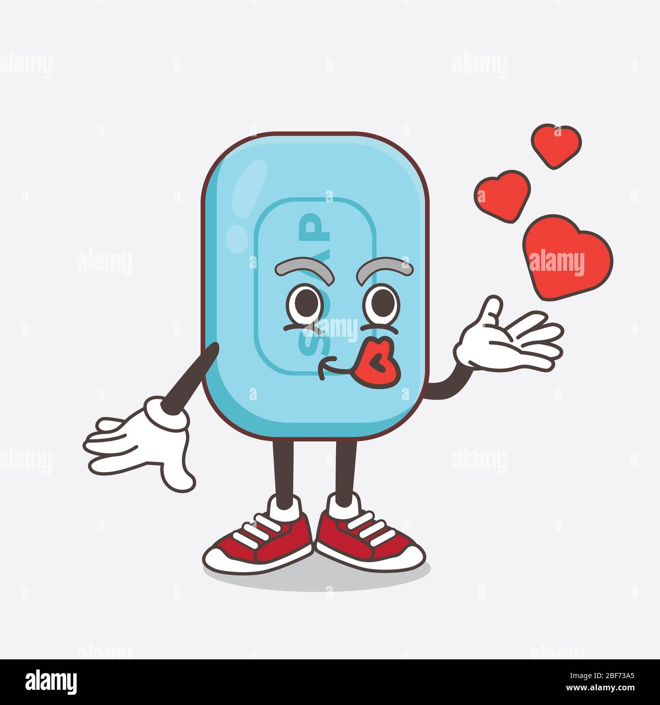 An illustration of Blue Soap cartoon mascot character teasing with ...