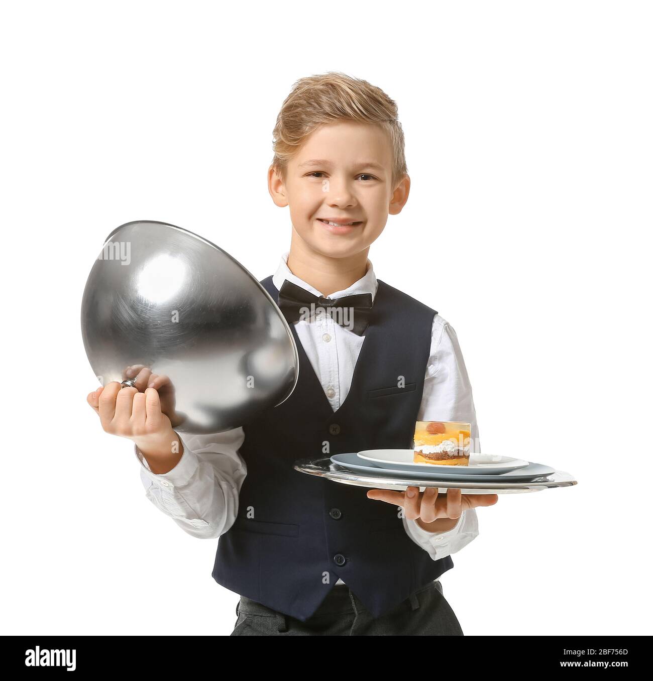 Cute little waiter on white background Stock Photo - Alamy