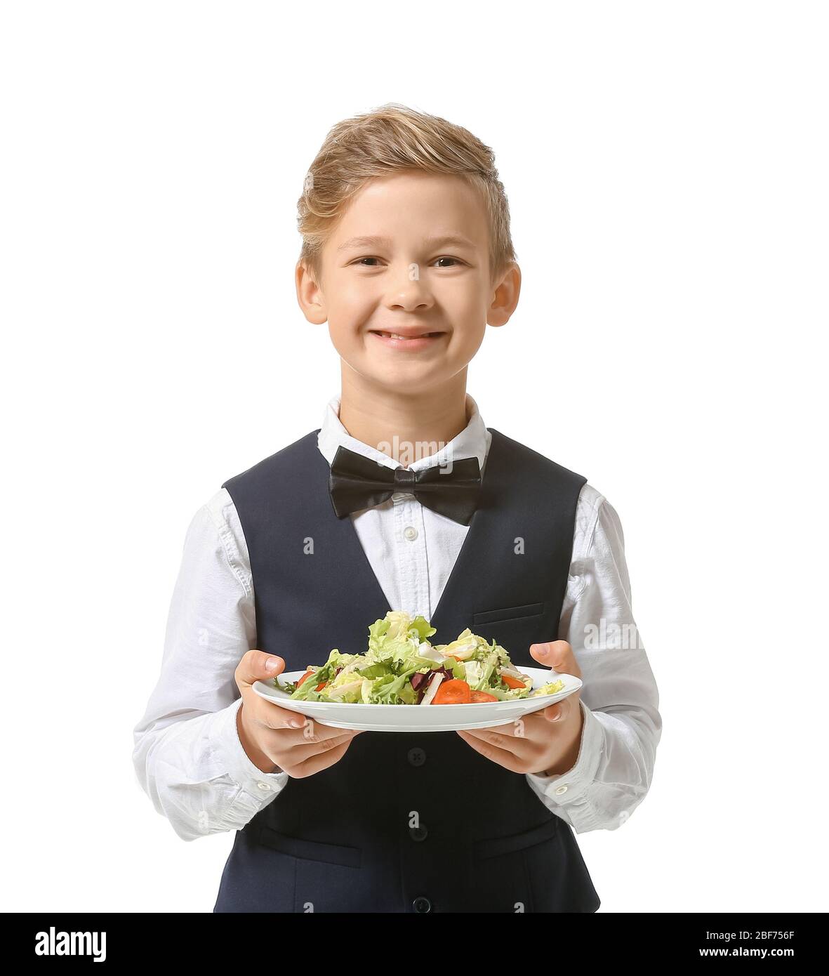 Cute little waiter on white background Stock Photo - Alamy
