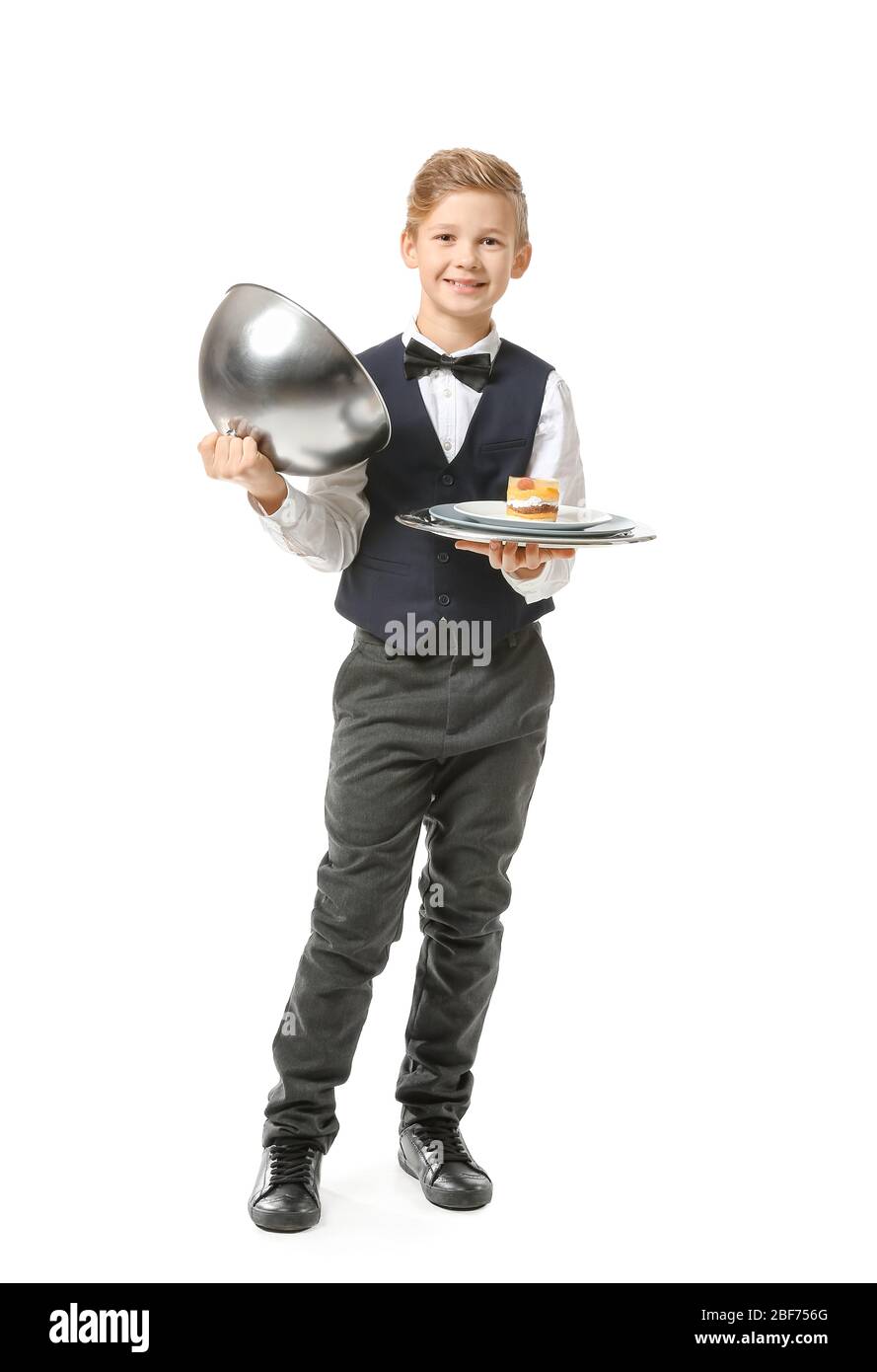 Cute little waiter on white background Stock Photo - Alamy