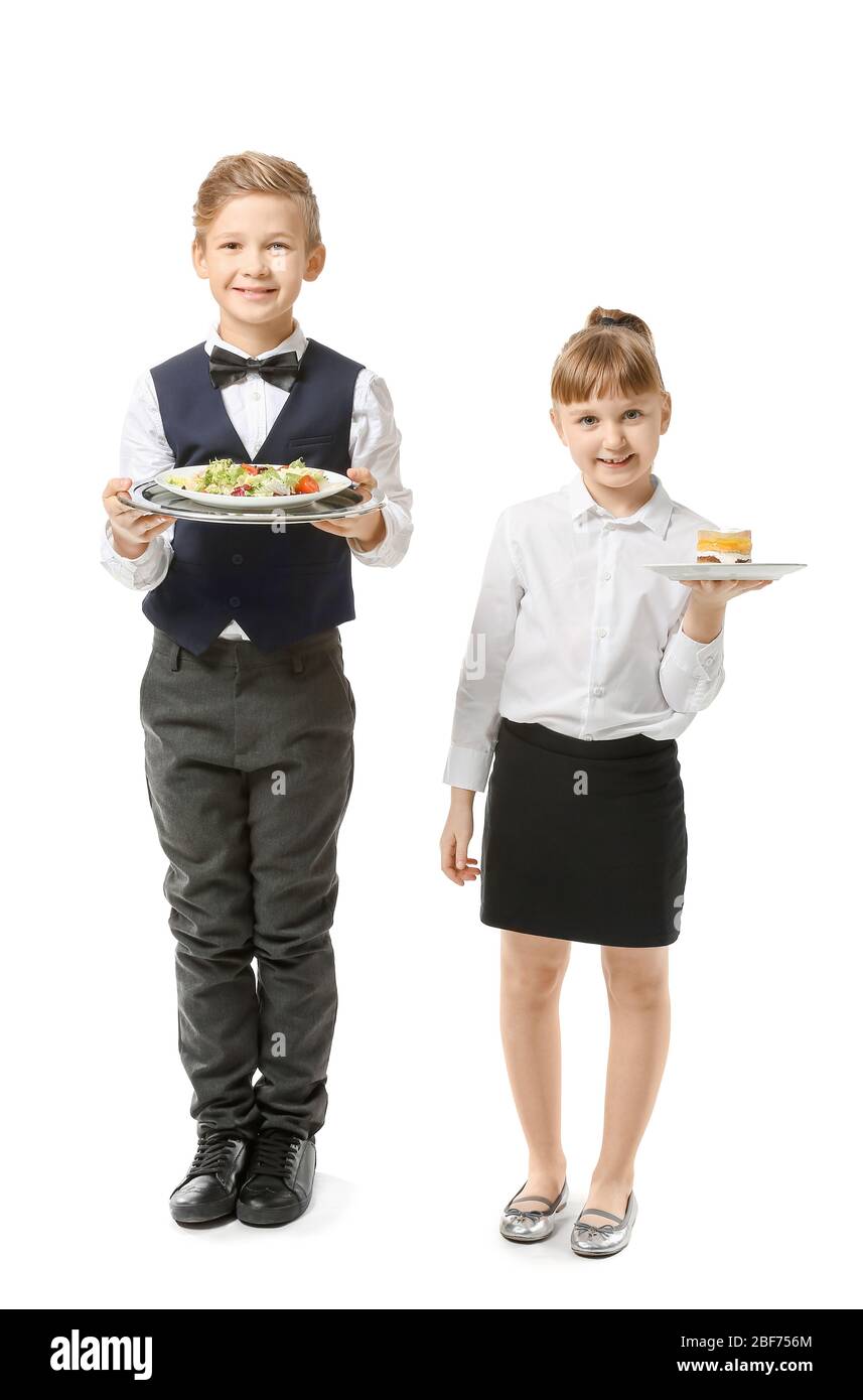 Cute little waiters on white background Stock Photo - Alamy