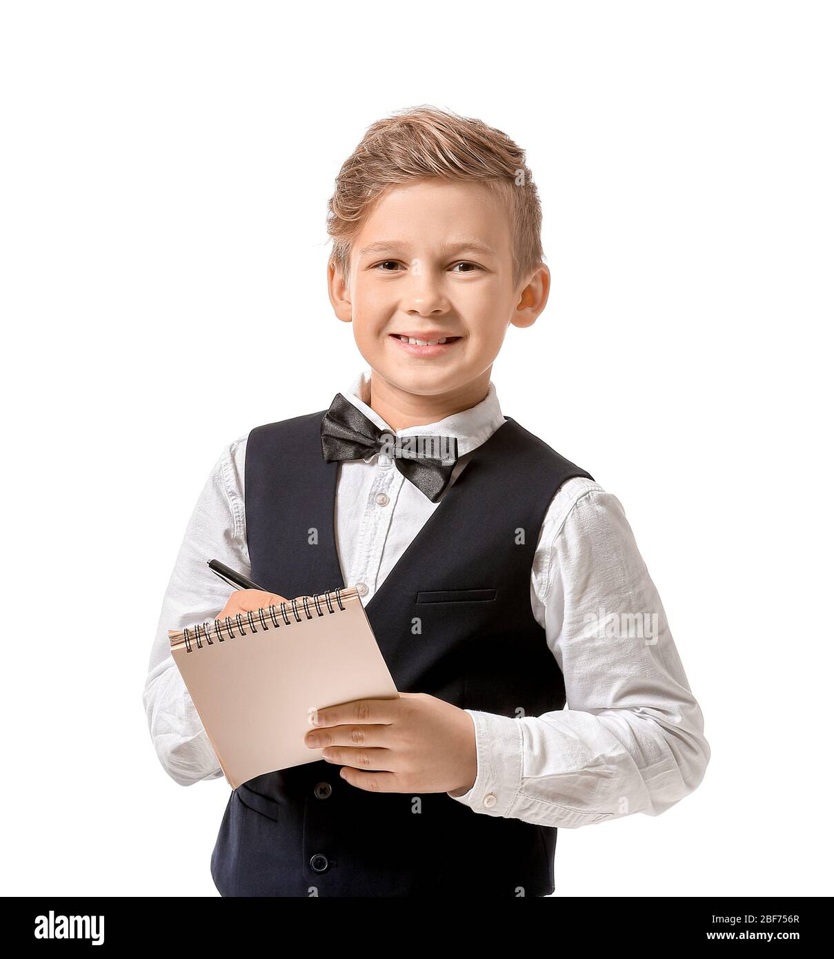 Cute little waiter on white background Stock Photo - Alamy
