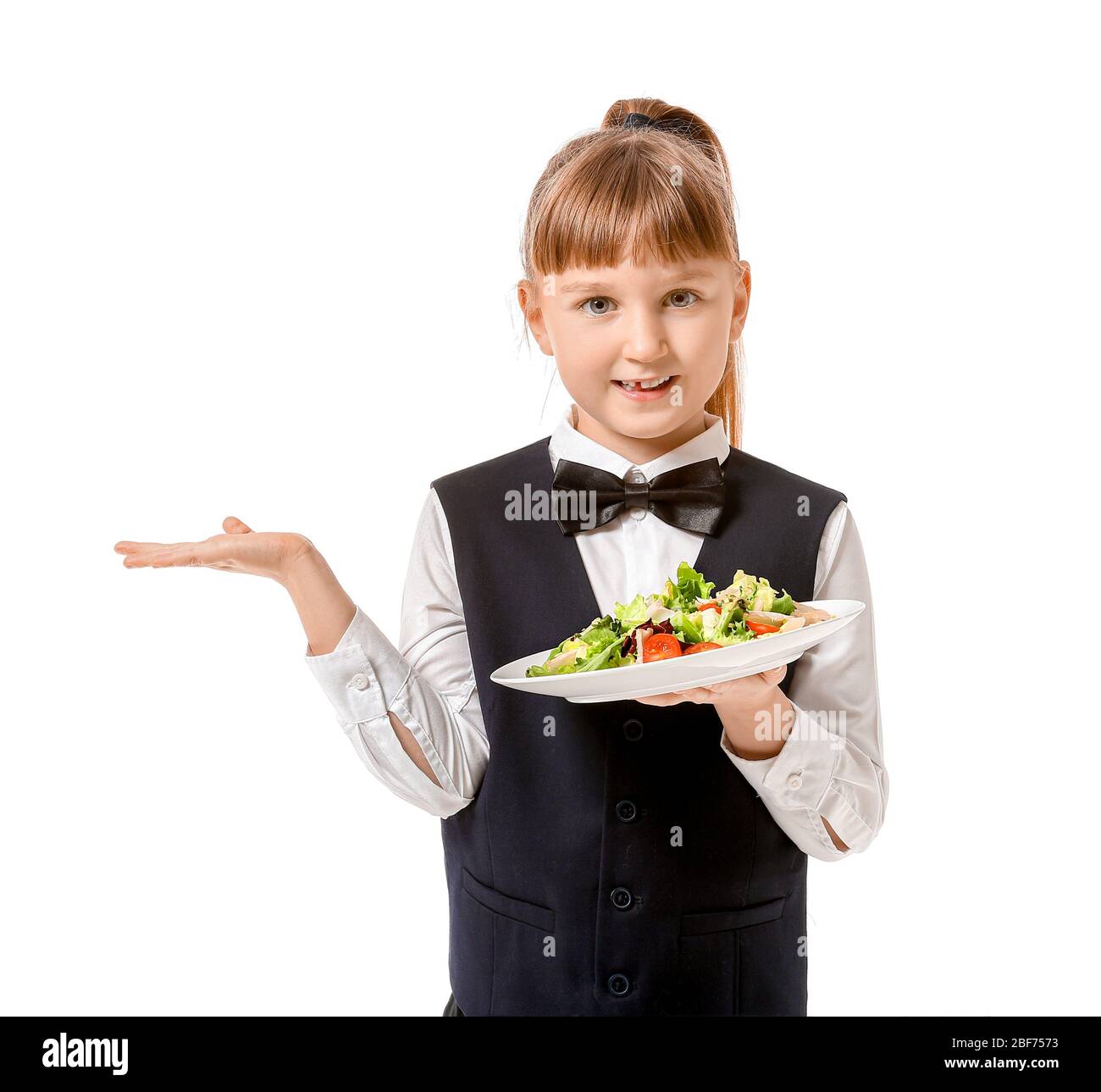 Cute little waiter on white background Stock Photo - Alamy