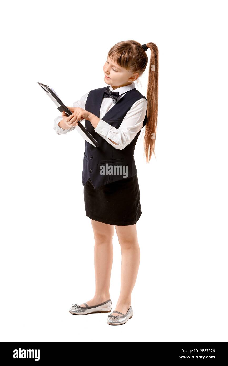 Cute little waiter on white background Stock Photo - Alamy