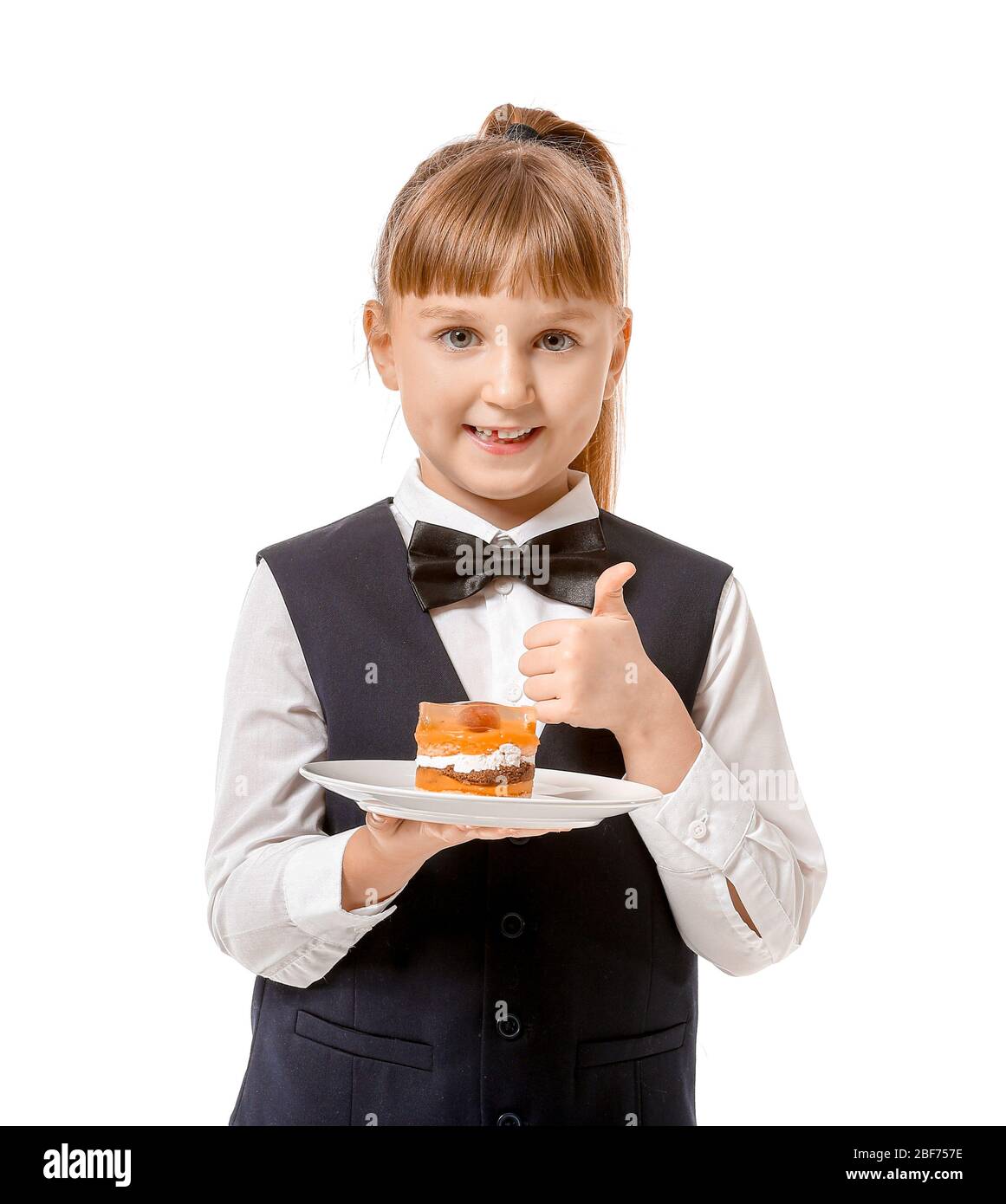 Cute little waiter on white background Stock Photo - Alamy