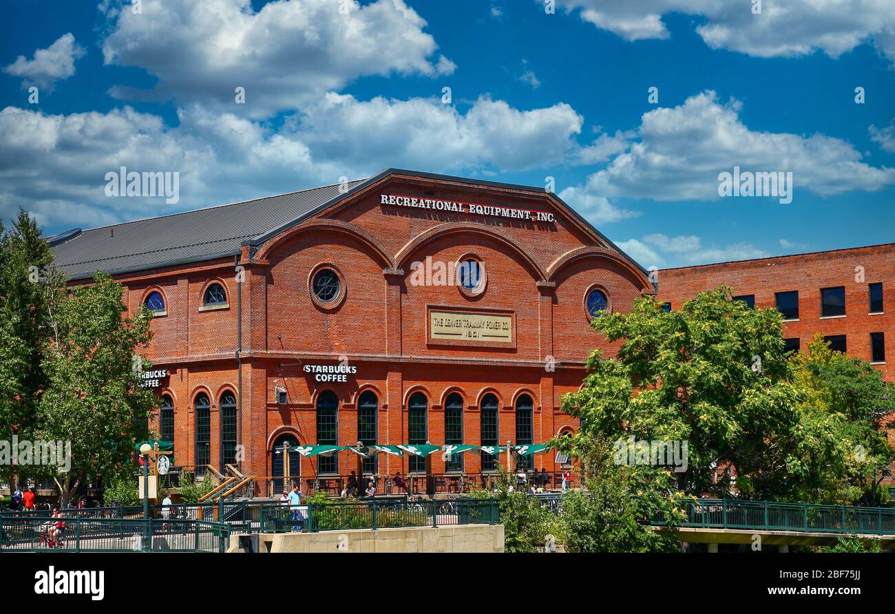 REI and Starbucks in old Denver Tramway Power Building Stock Photo - Alamy