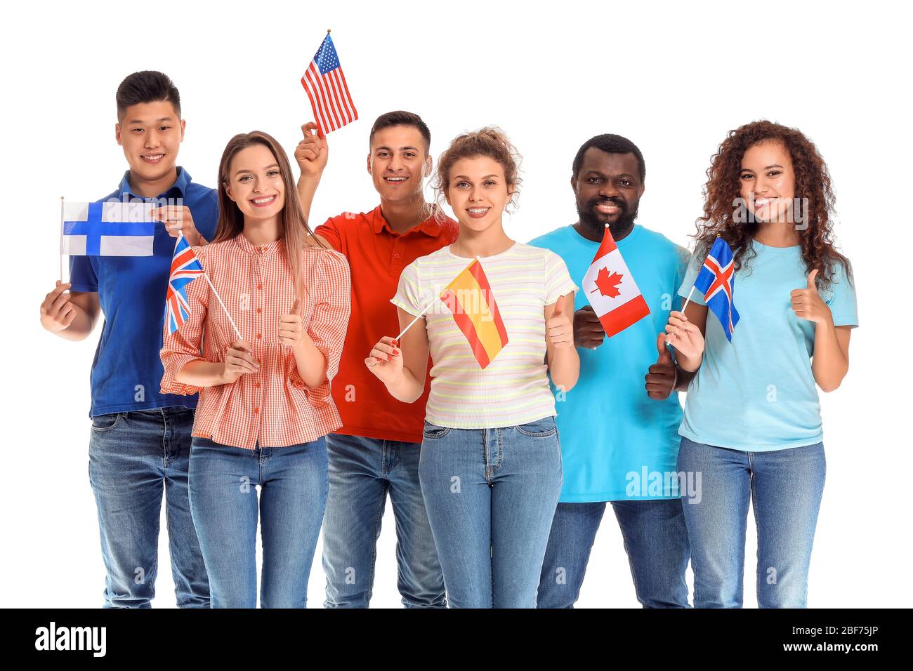 Young students of language school on white background Stock Photo - Alamy