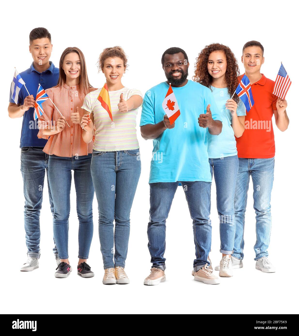 Young students of language school on white background Stock Photo - Alamy