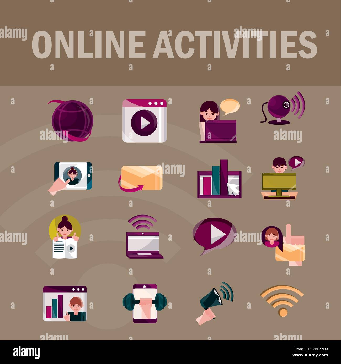 online activities, digital connection communication set icons vector ...