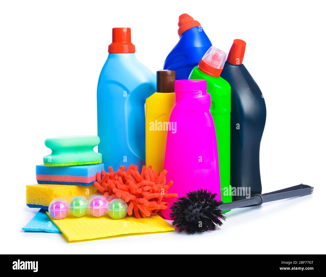 Set of cleaning supplies on white background Stock Photo - Alamy
