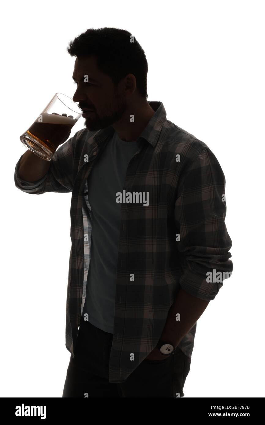 Silhouette of drunk man on white background. Concept of alcoholism ...