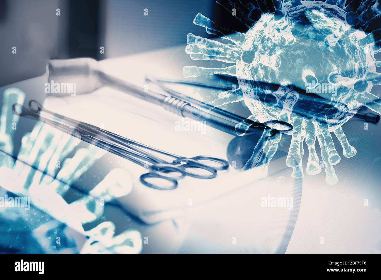 Closeup surgery instrument and sterile tools set with virus in ...