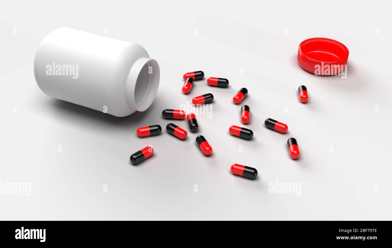 Group of Pills Medicine spill from bottle on white background. Medical ...