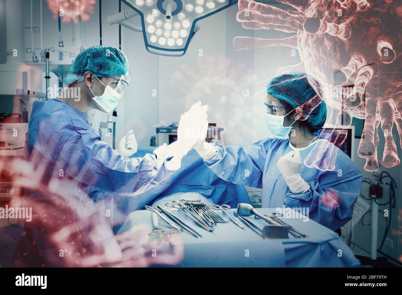 Doctors and nurse do hi five after succeeding surgery patient lung for ...