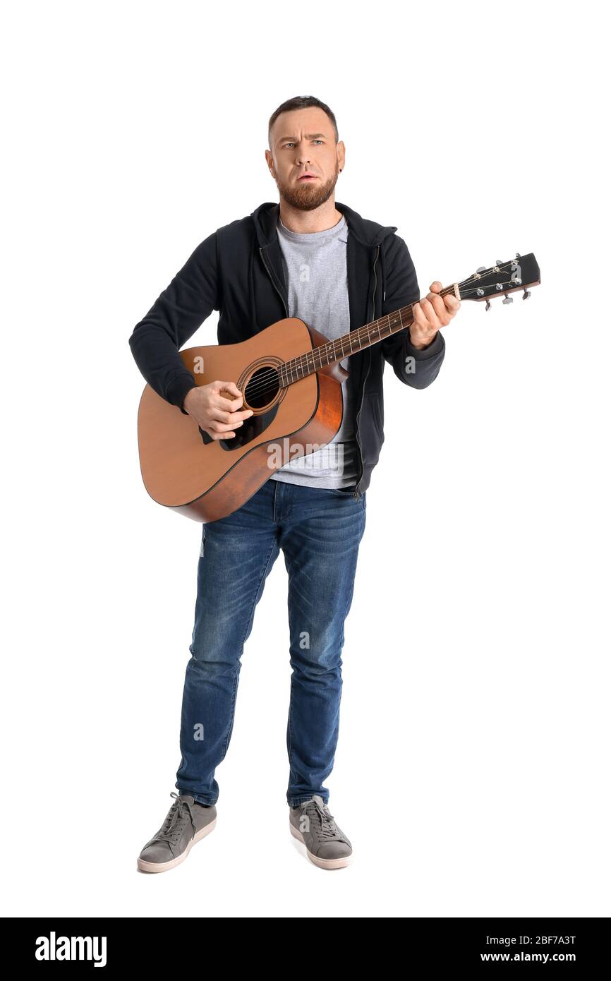 Male singer with guitar on white background Stock Photo - Alamy