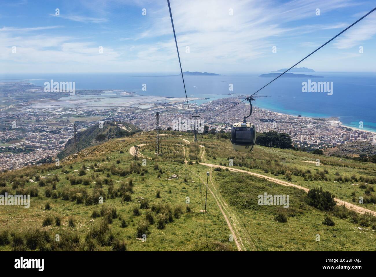 Aerial view from Cable Car from Trapani city to Erice historic town on ...