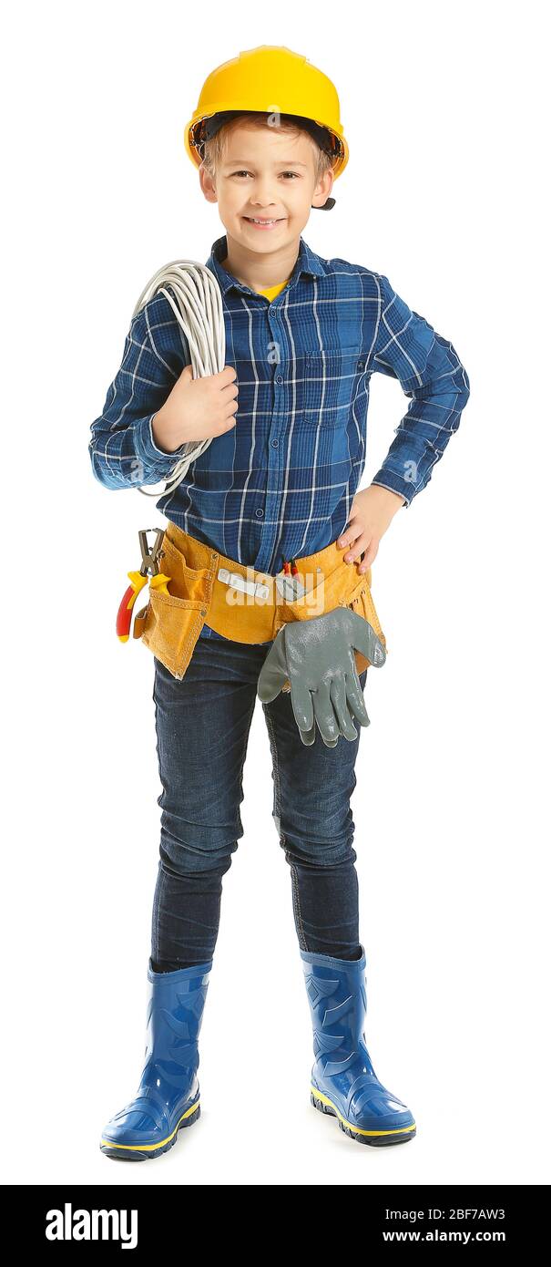 Cute little electrician on white background Stock Photo - Alamy