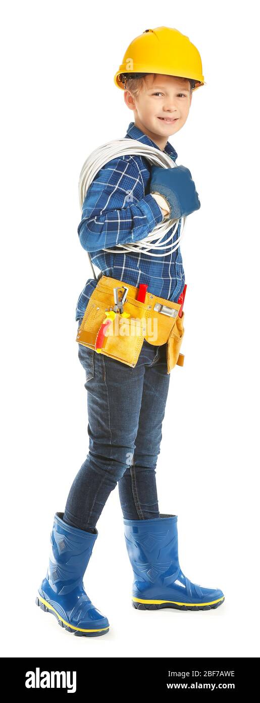 Cute little electrician on white background Stock Photo - Alamy