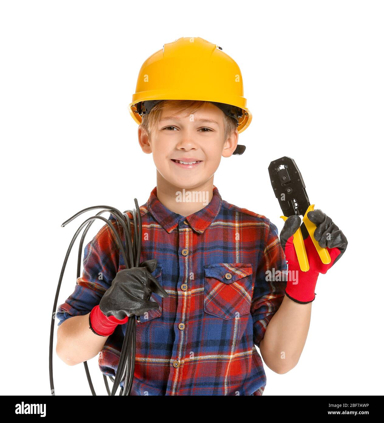 Cute little electrician on white background Stock Photo - Alamy